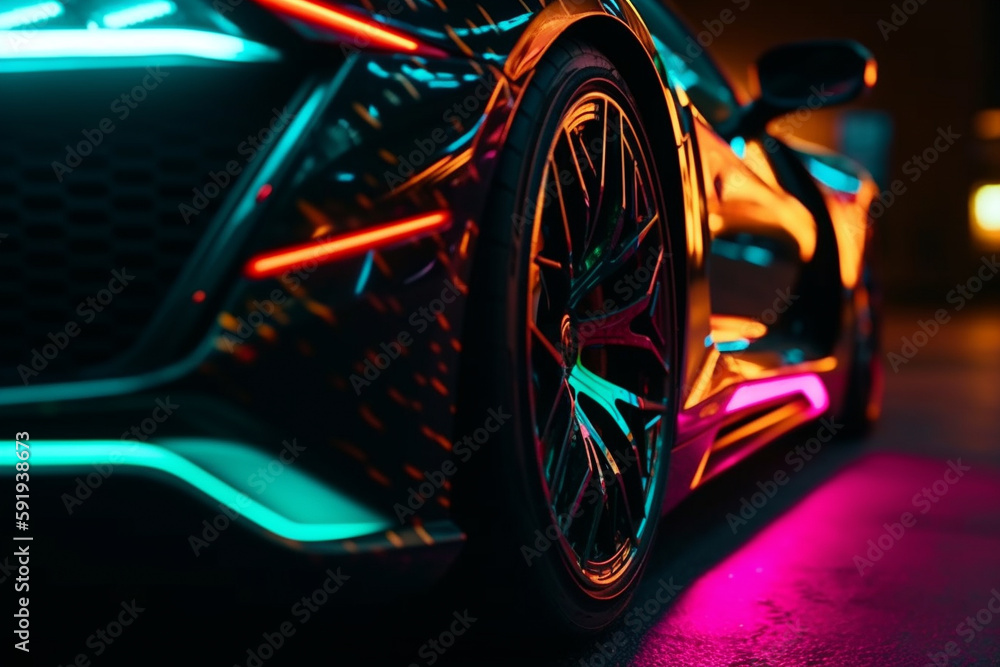 Ilustrace „Wheel rim of a speed sports car with vibrant colors and neon ...