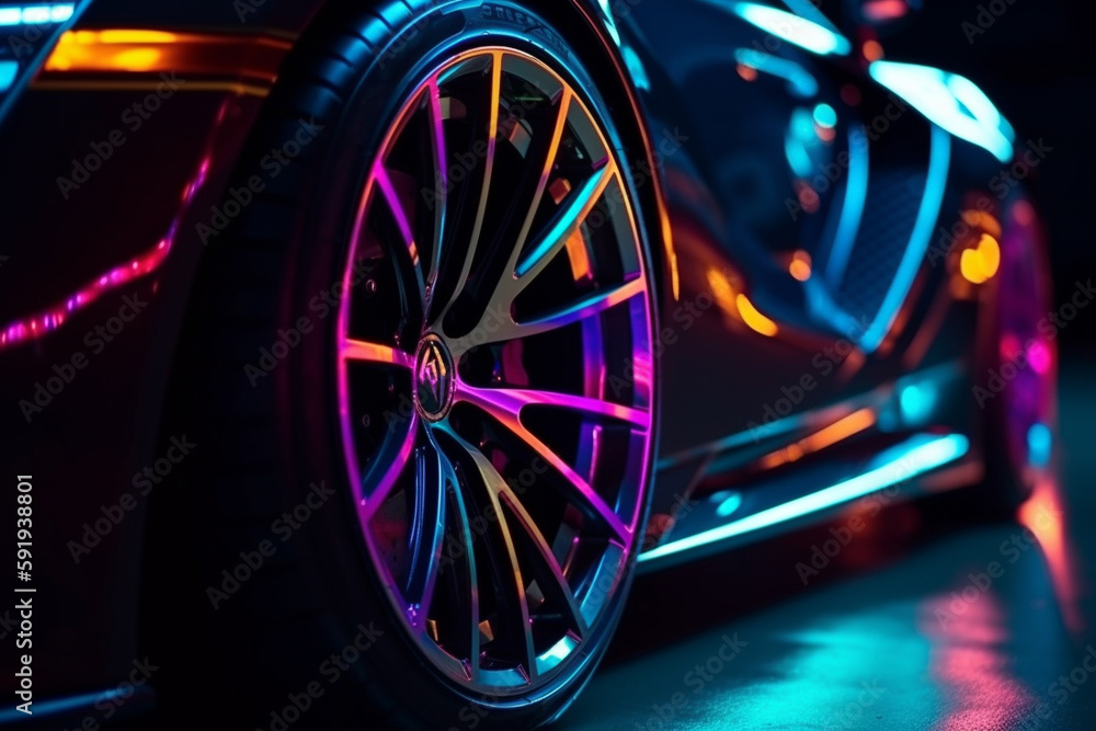 Wheel rim of a speed sports car with vibrant colors and neon lights ...