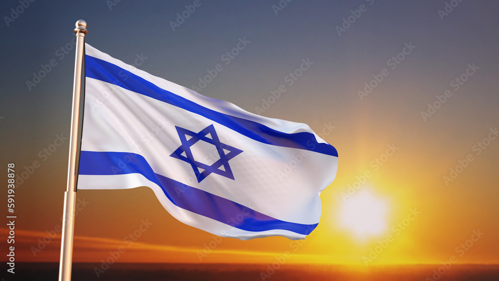 Israel flag with a star of David against the sunset. Patriotic concept ...