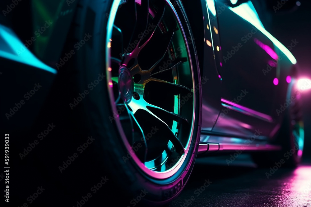 Wheel rim of a speed sports car with vibrant colors and neon lights ...