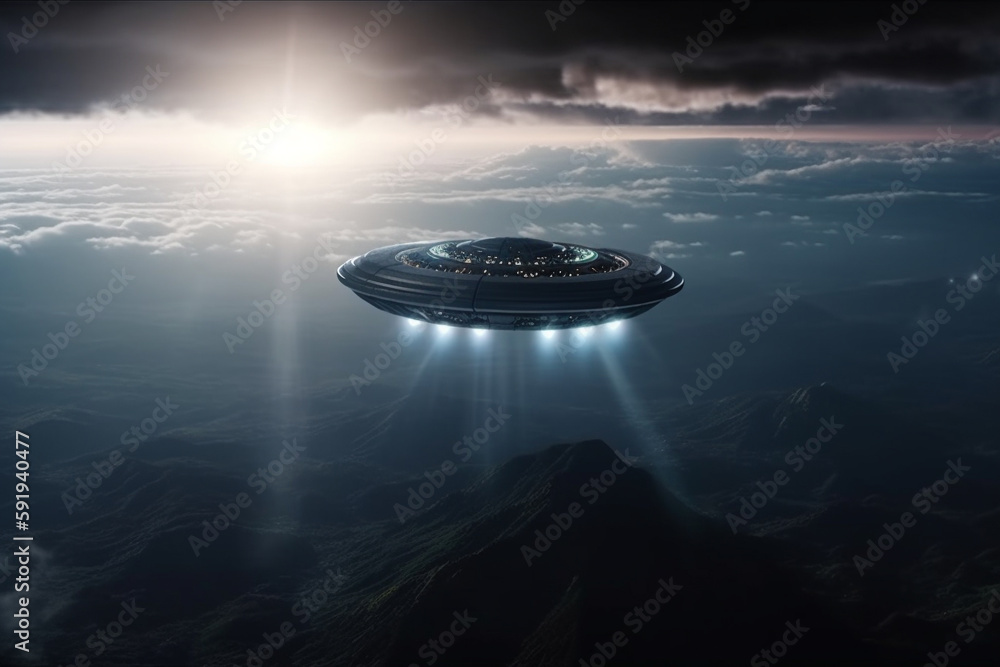 UFO approaching Earth from space, with a sense of mystery and intrigue. Alien encounter concept ...