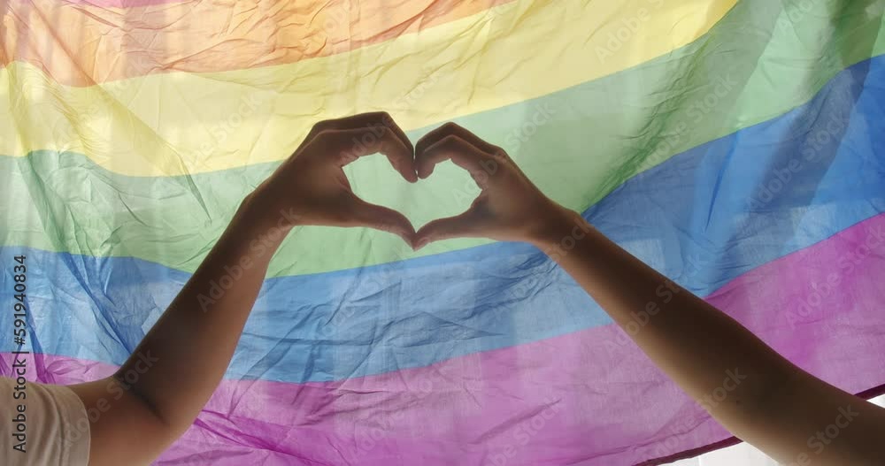 Gay and lesbian pride lgbt flag. Supporting hands make heart sign and ...