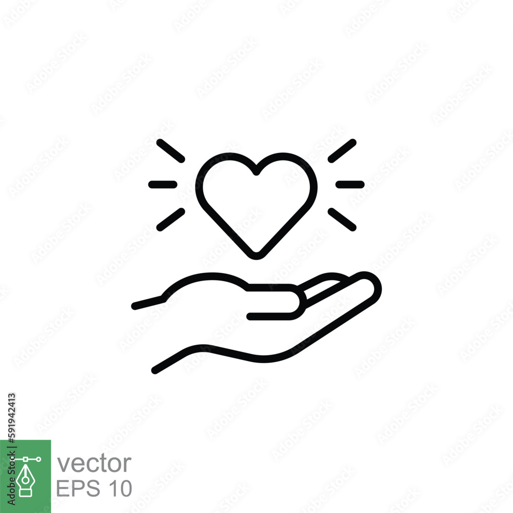 Heart on hand icon, family and love sign, line style. Help concept ...