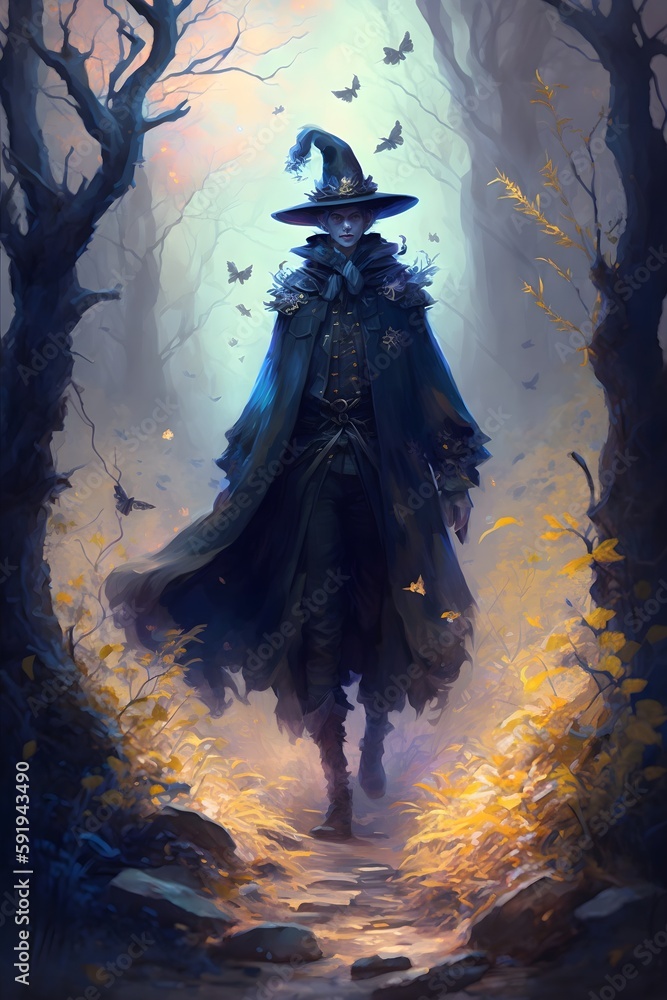 Painting of a male wandering witch large hat blue magic and clothing ...