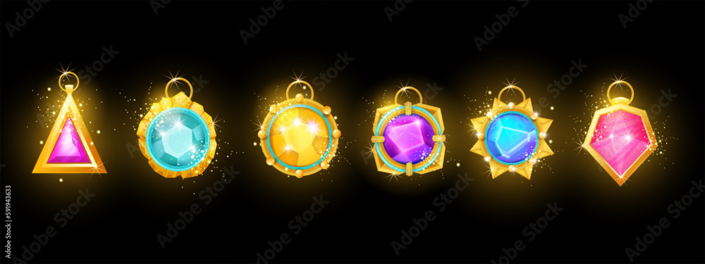 Game necklace amulet set, UI gemstone badge magic medieval jewellery ...