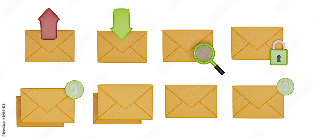 3D mail envelope icon set, email newsletter render kit, closed paper ...