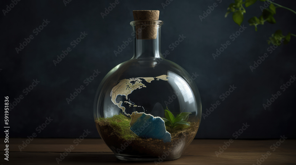 Glass bottle filled with an structure of the earth planet as a symbol ...