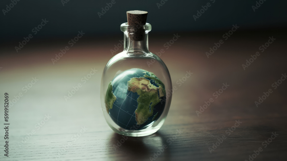 Glass bottle filled with the earth planet as a symbol for global ...