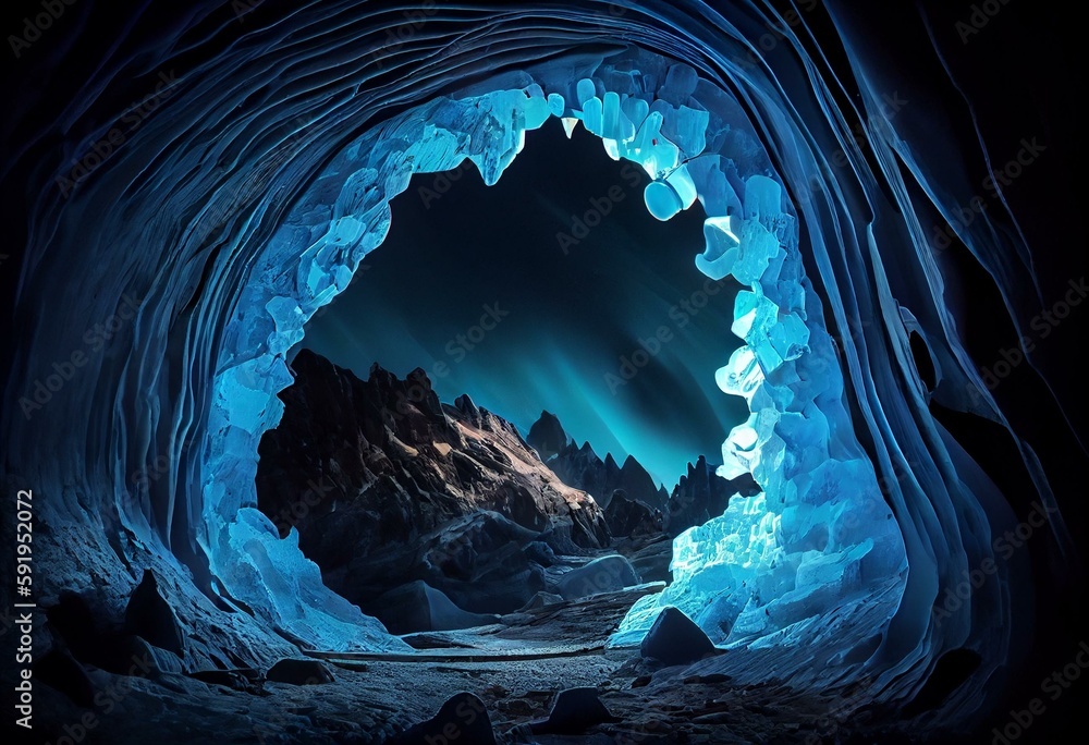 Dark ice cave, magical light, portal. Ice walls, glow. A cut of a stone ...