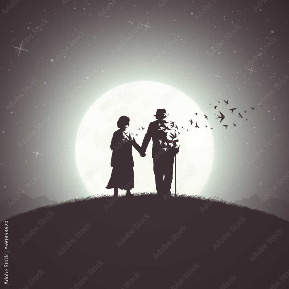 Elderly couple silhouette. Death, afterlife. Flying birds, full moon ...