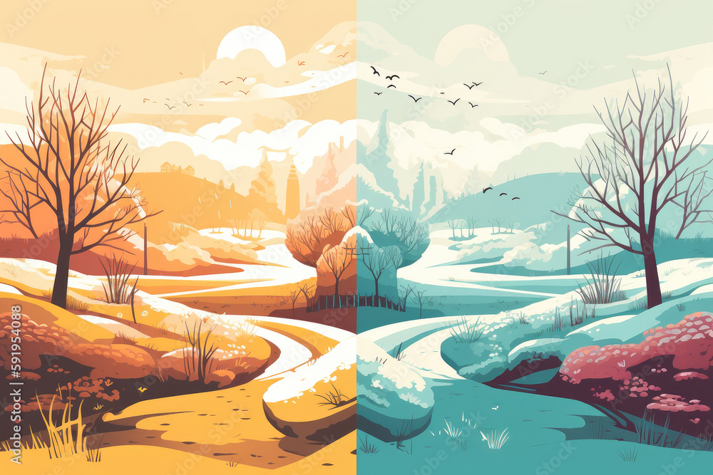 Depict the transition from winter to spring in an illustration using ...