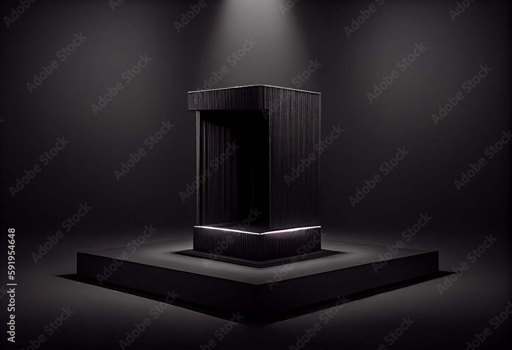 Black Podium/Dias in the center of a dark room with a cinematic ...
