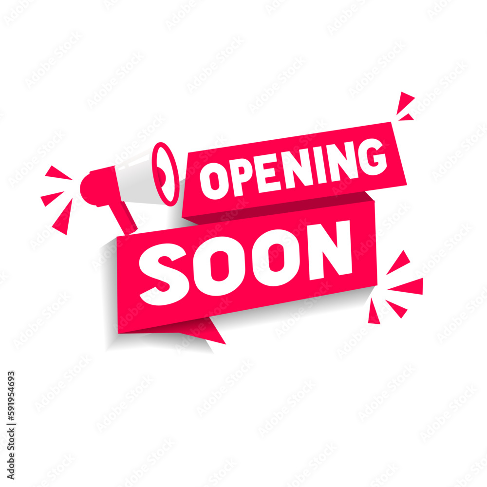 Opening soon banner design, ribbon with megaphone icon. Modern vector ...