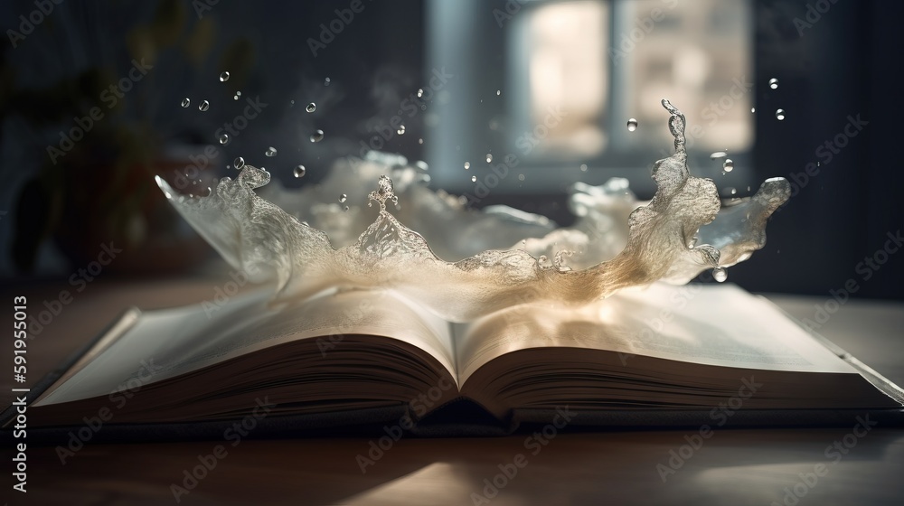 an open book with water splashing out of it on top of a wooden table in ...