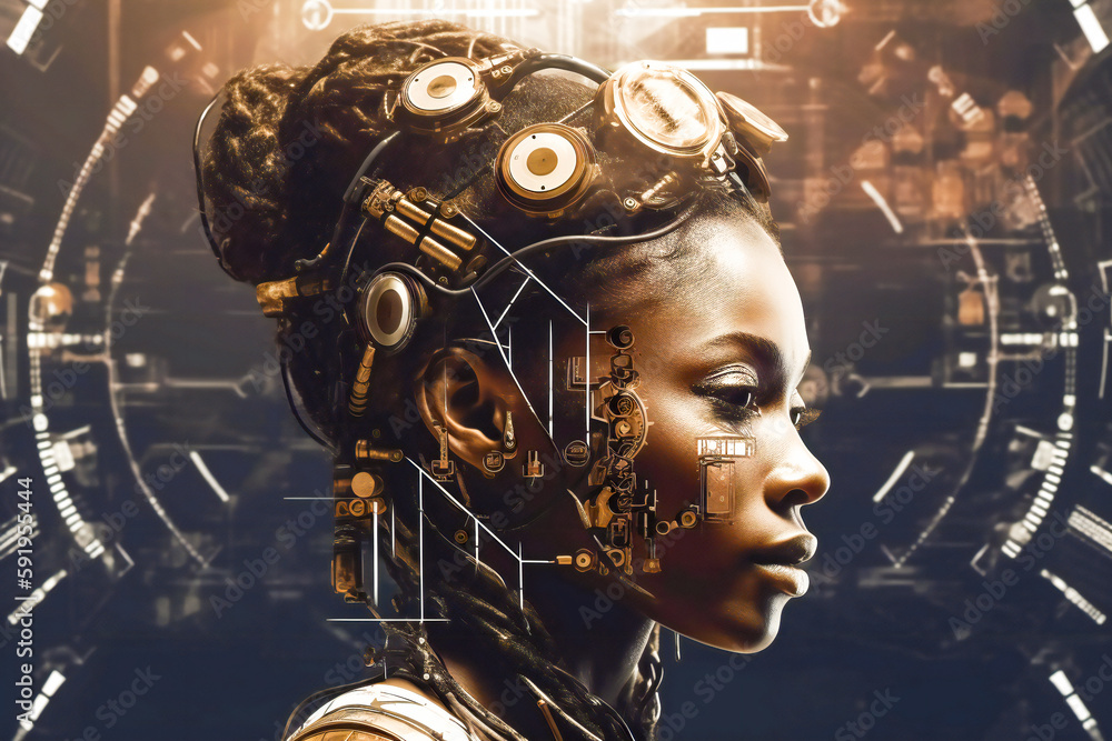 Illustration of an young attractive black woman with circuits and high ...