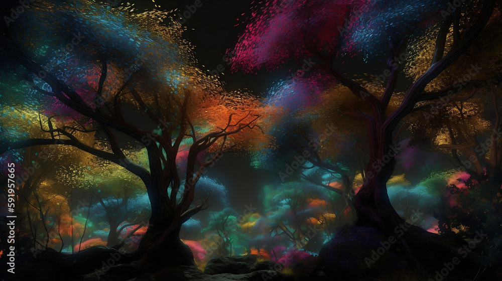 A forest of rainbow-colored trees with vines that glow in the dark and ...