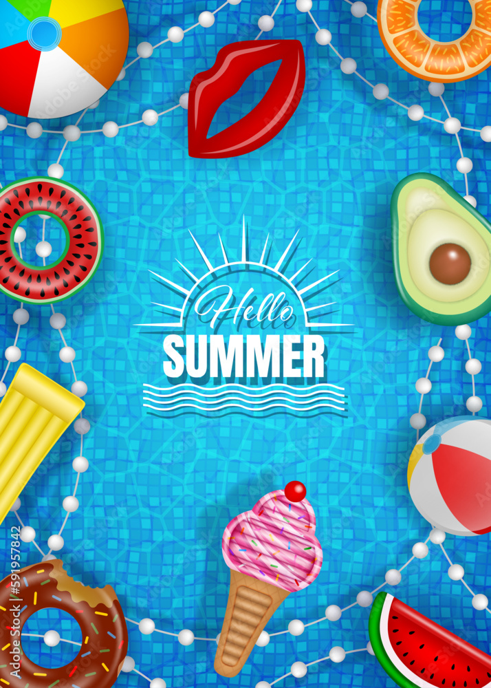 Summer background with colorful inflatables on pool water. Summer ...