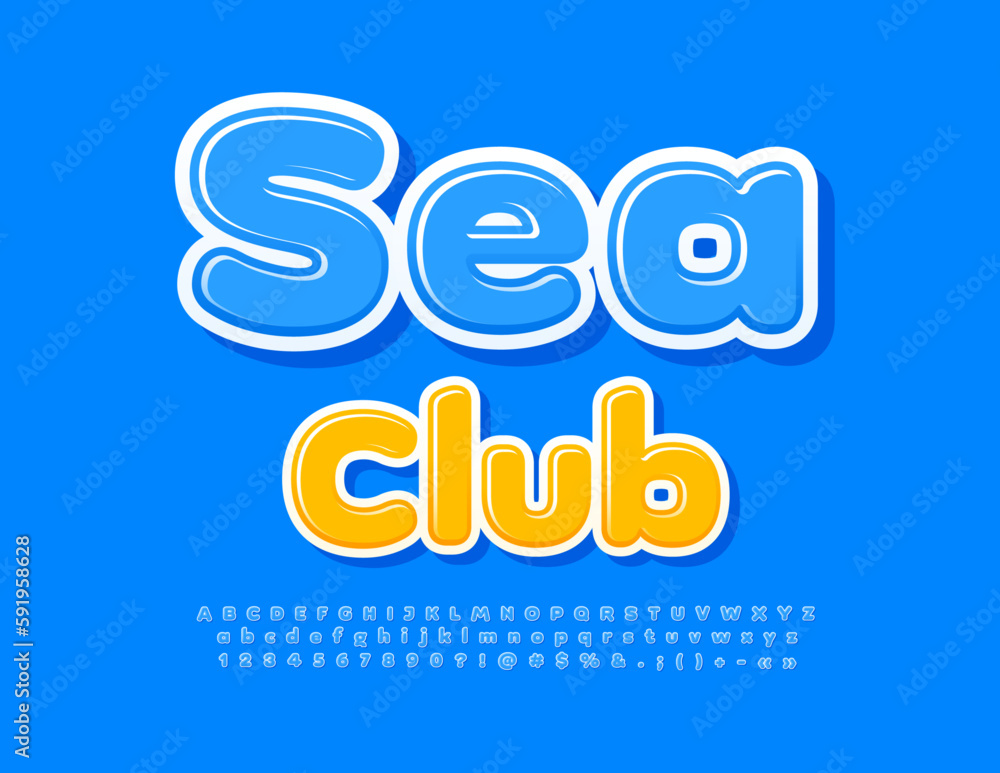 Vector artistic emblem Sea Club. Blue glossy Font. Modern Alphabet ...