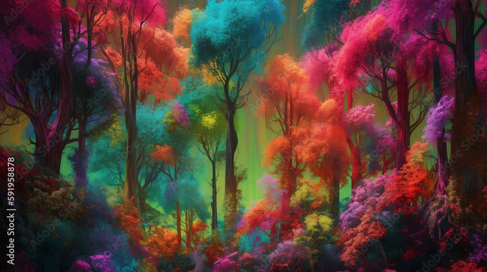 A forest of rainbow-colored trees with vines that glow in the dark and ...