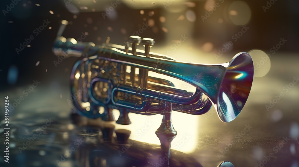 a close up of a trumpet on a table with a blurry background and a light ...