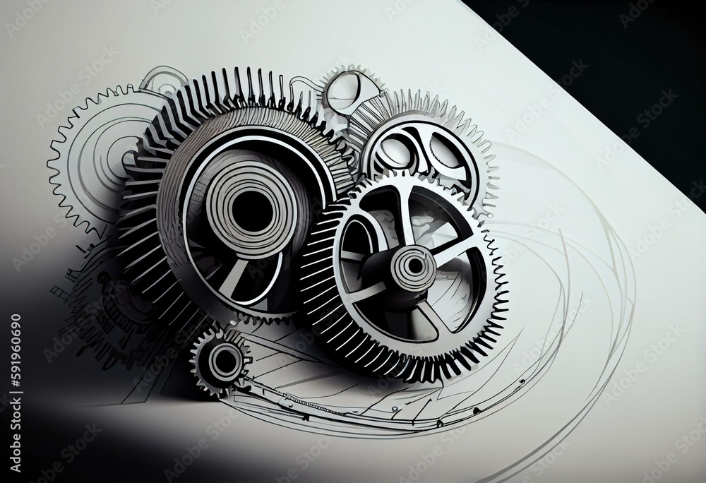 Continuous line drawing of machine gears. concept of gears on a machine ...