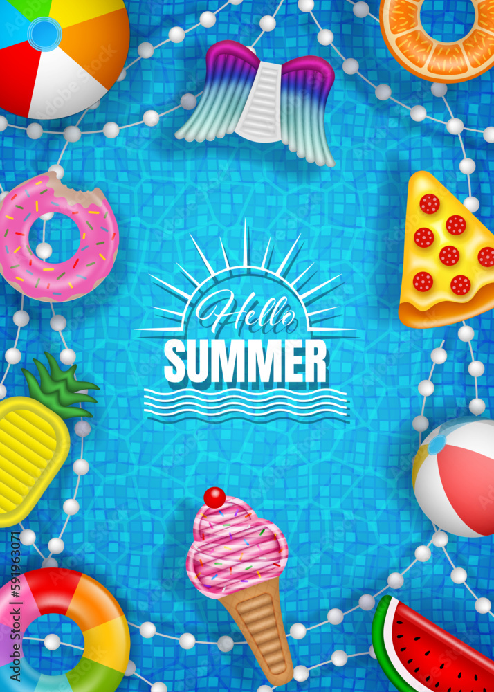 Summer background with colorful inflatables on pool water. Summer ...
