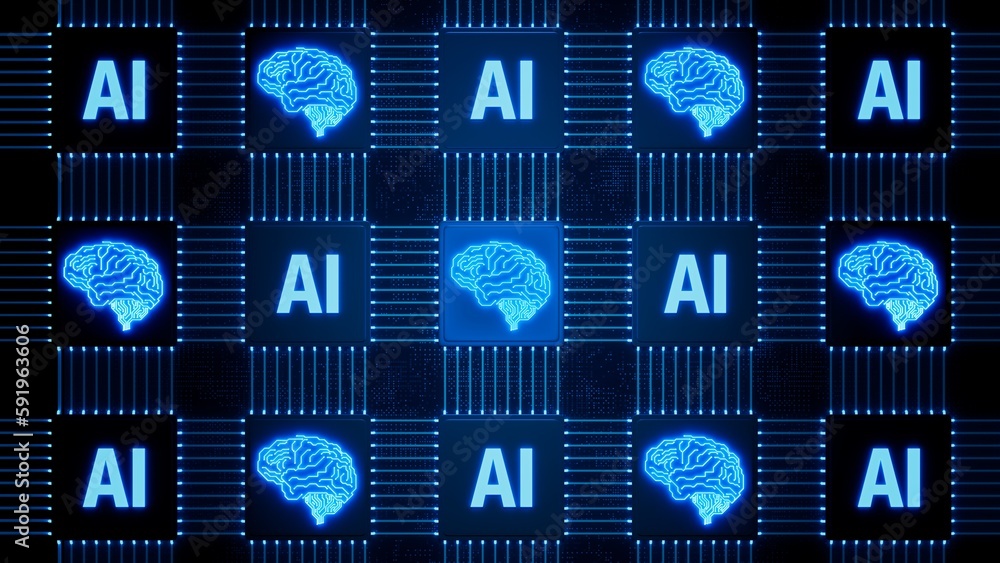 network of blue artificial intelligence chips connected by data buses ...