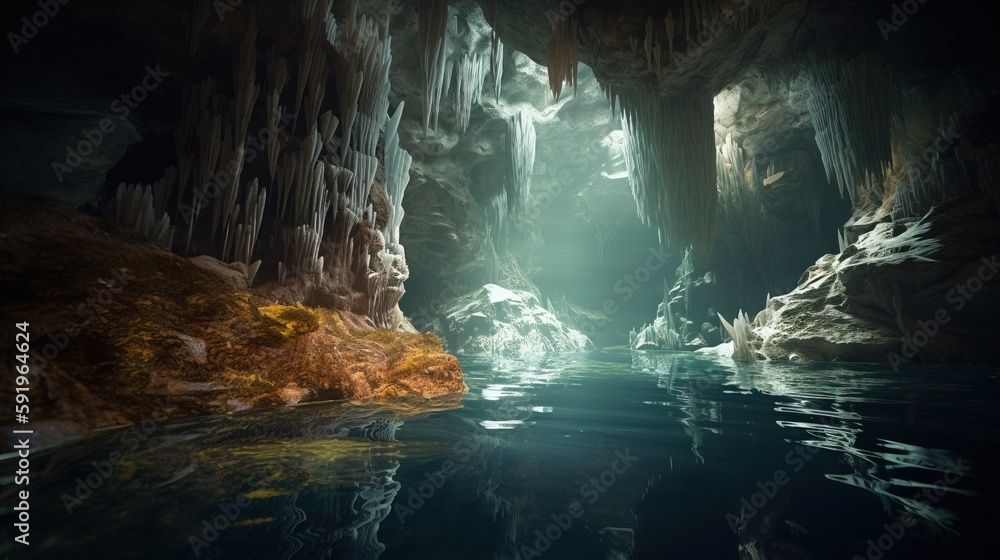 a large cave with a body of water in the middle of it and light coming ...