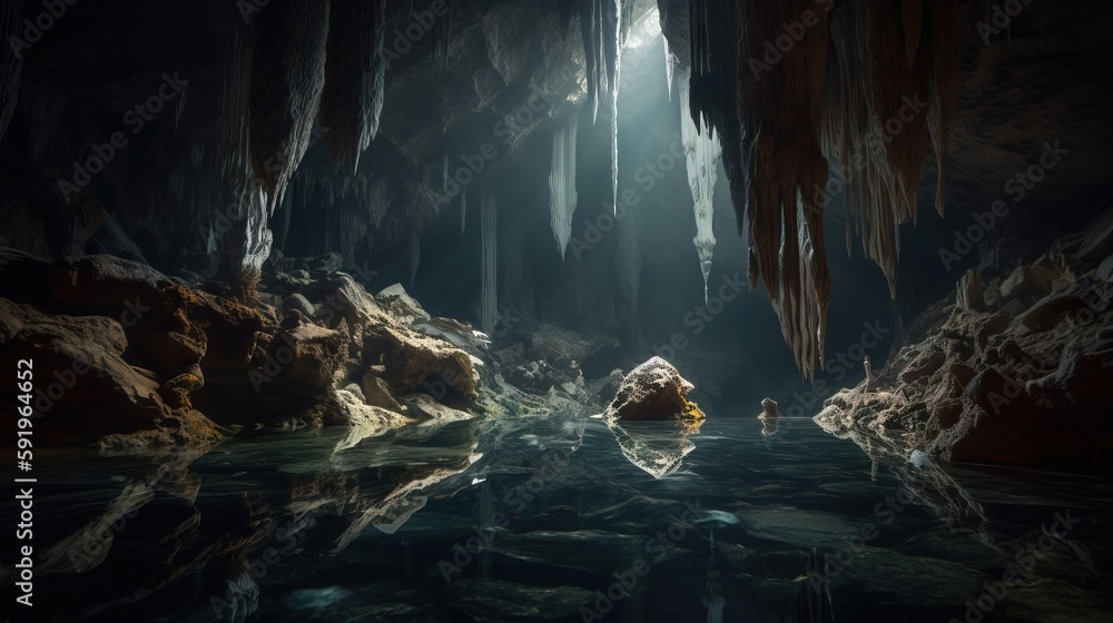 a group of people standing in a cave next to a body of water in front ...