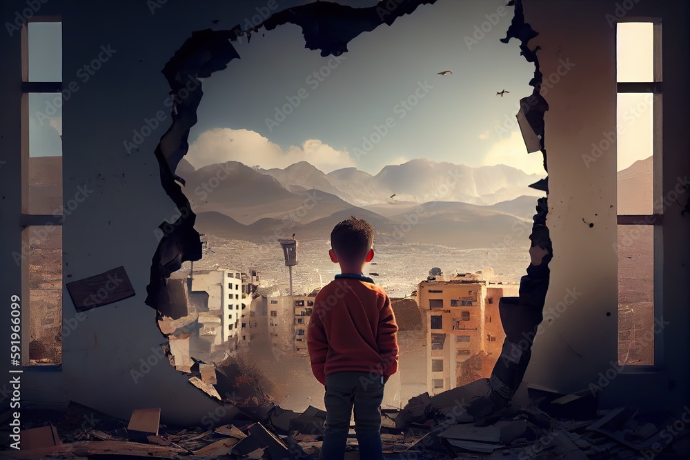 Generative AI illustration of a sad child standing in front of collapse ...