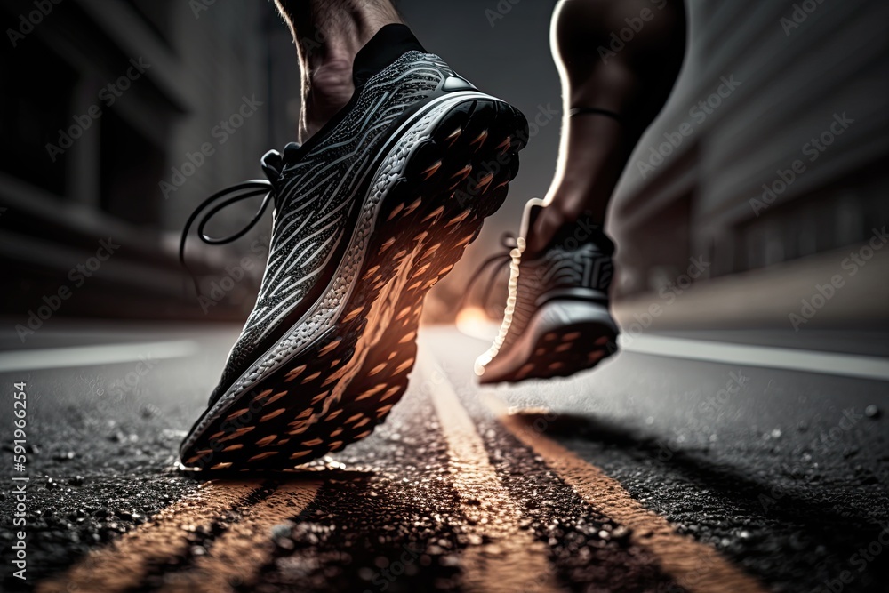 Generative AI illustration of close-up at the runner feet is running on ...