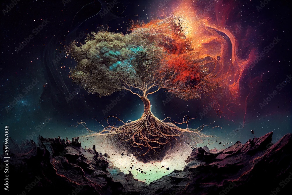 Generative AI illustration of growth and life, emerging from the cosmos ...