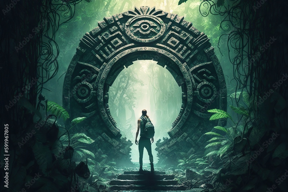 Generative AI illustration of Mayan gate in the forest. An adventurer ...