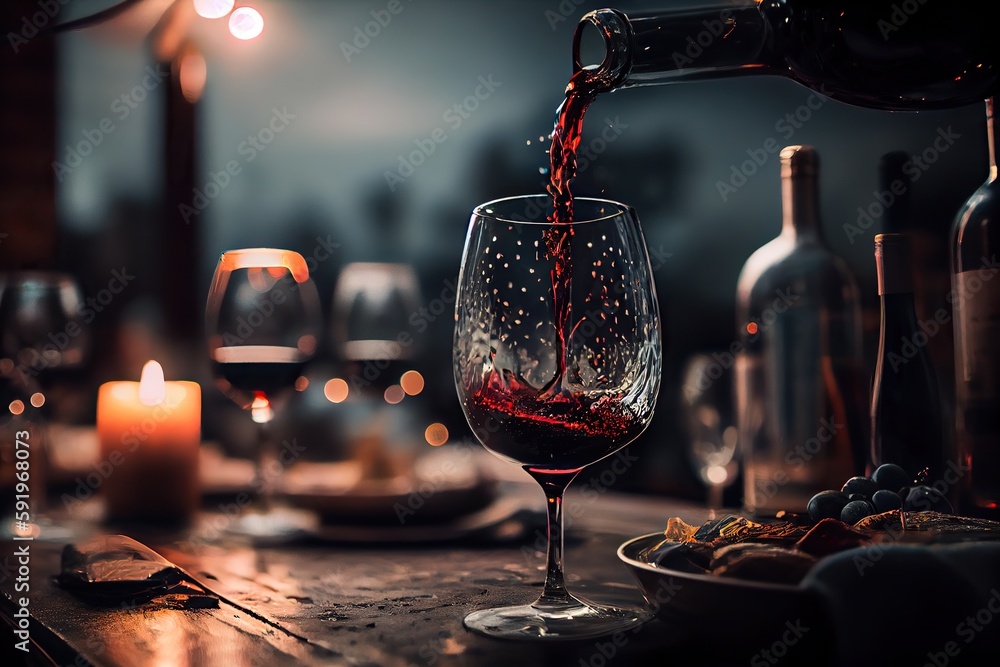 Generative AI illustration of red wine is being poured from bottle into ...