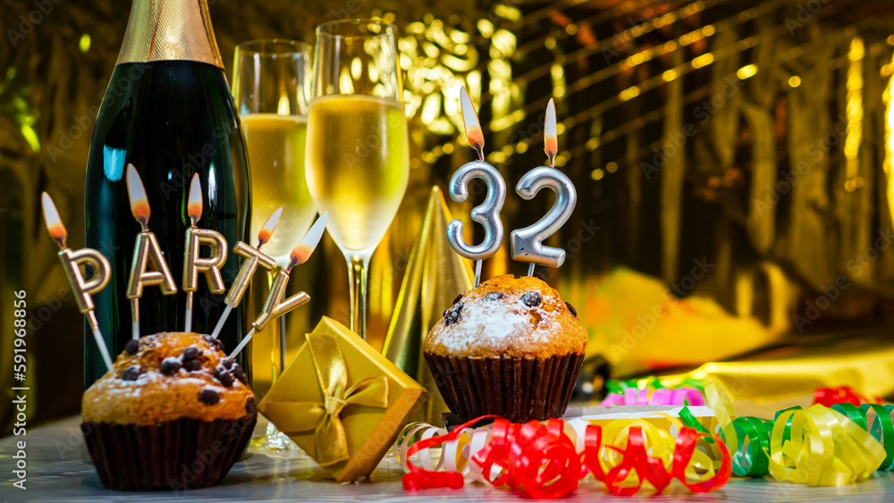 Happy birthday background with champagne glasses with number cake 32 ...