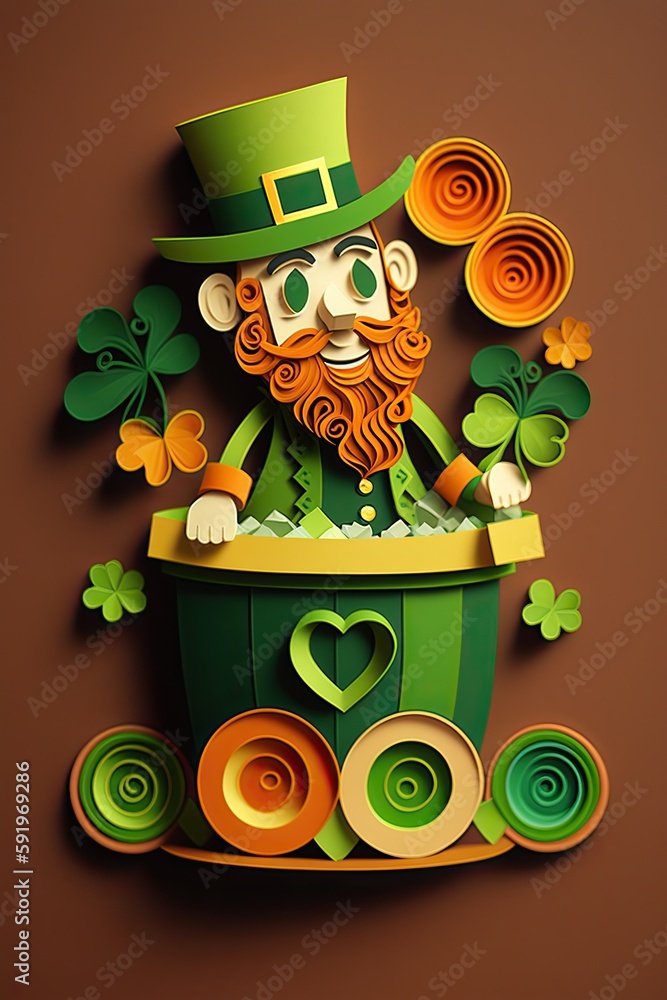 Generative AI illustration of whimsical Irish cartoon, shamrock, beer ...