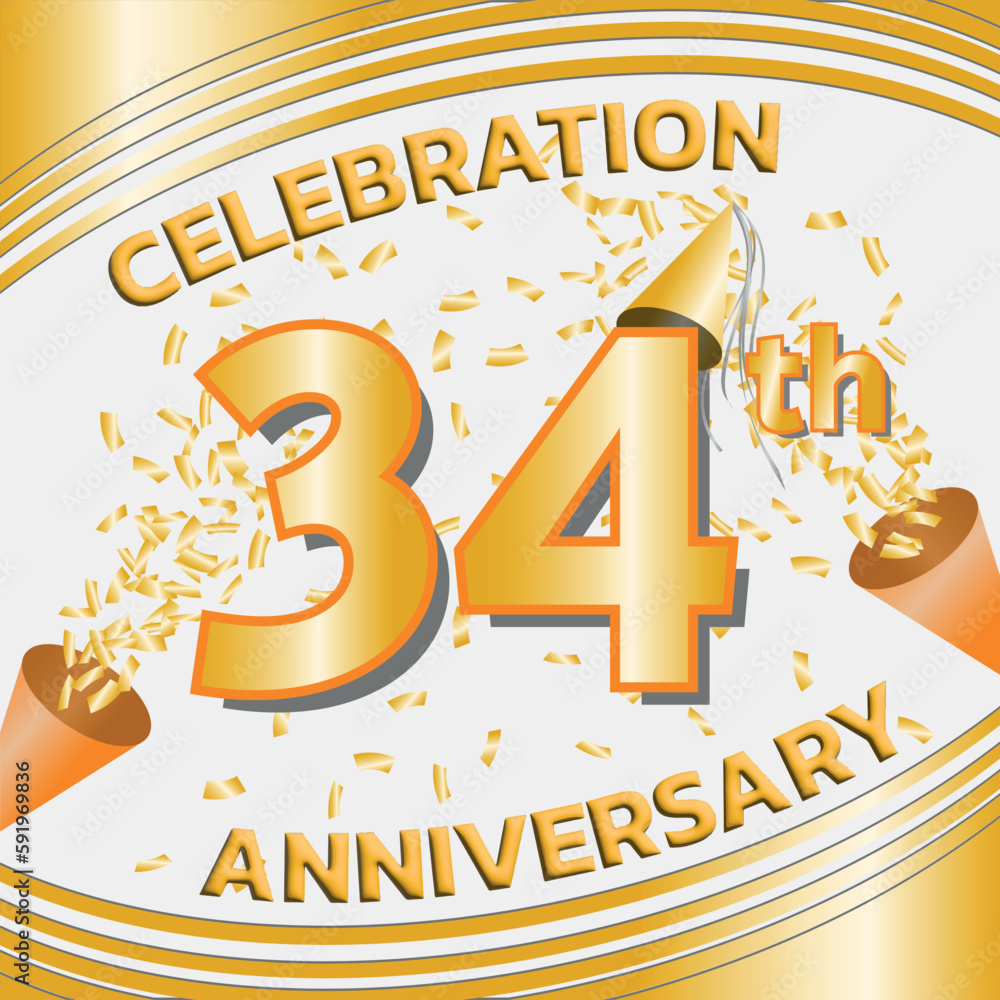 Celebration Anniversary 34 Years with Golden Confetti Stock Vector ...