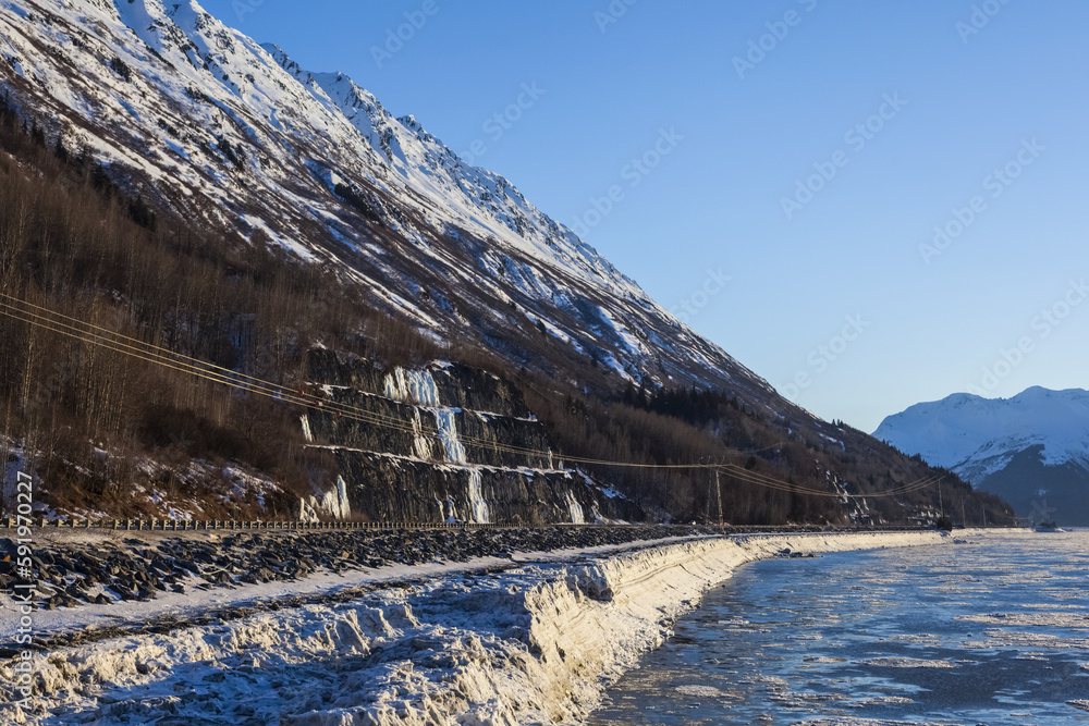Early Morning Winter View Along Turnagain Arm Showing The Rugged ...
