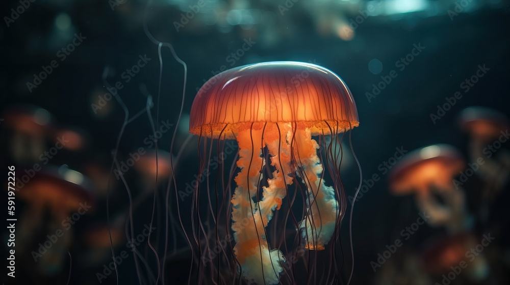 a group of jellyfish swimming in the ocean at night with lights shining ...
