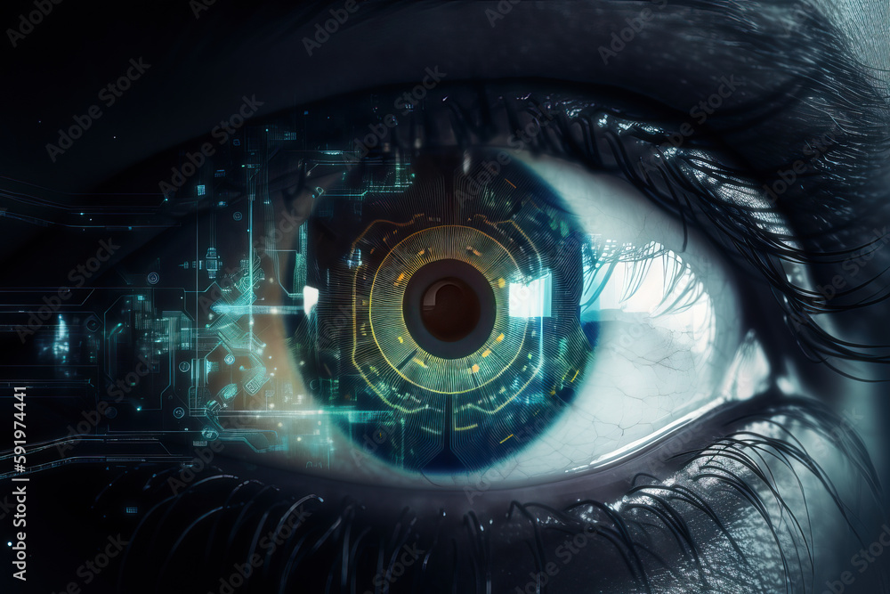Human eye merged with electronic components, augmented reality concept ...