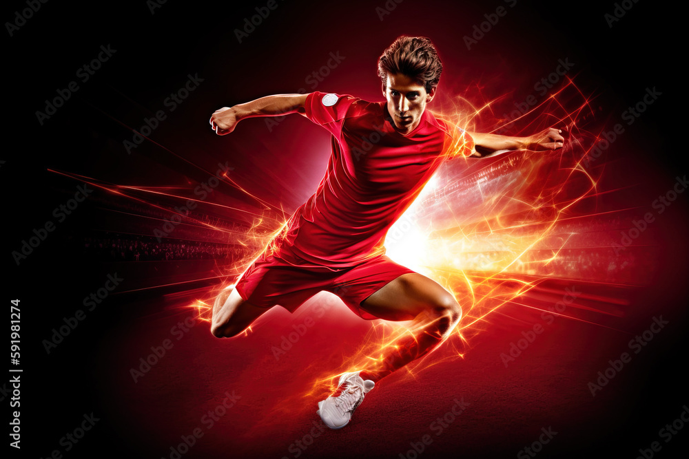 Important red-clad football player running amidst epic red lightning on ...
