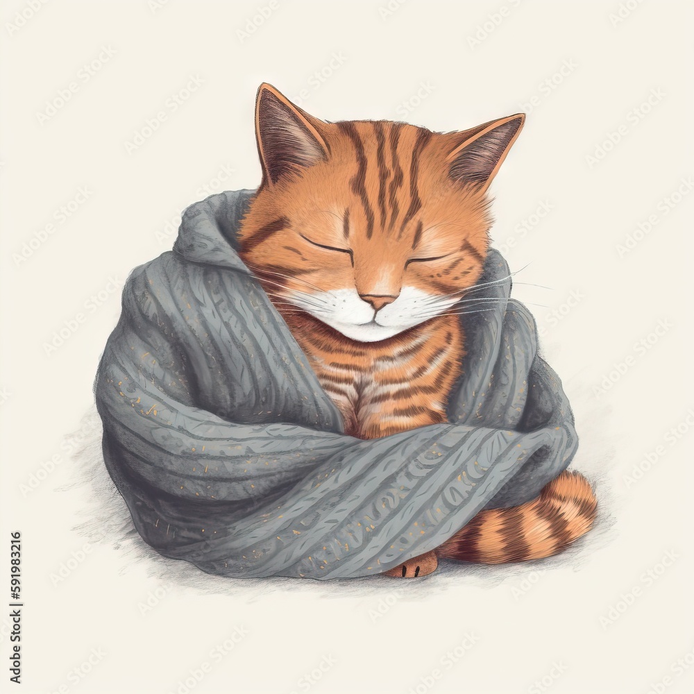 a drawing of a cat wrapped up in a blanket with its head resting on its ...