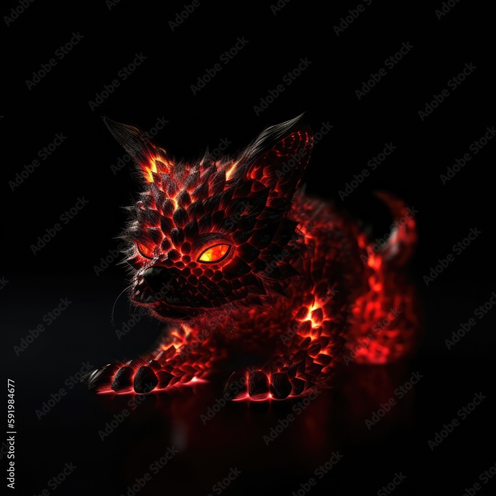 Cute Baby Hellhound Shape In Red Fire On Black Background. Generative ...