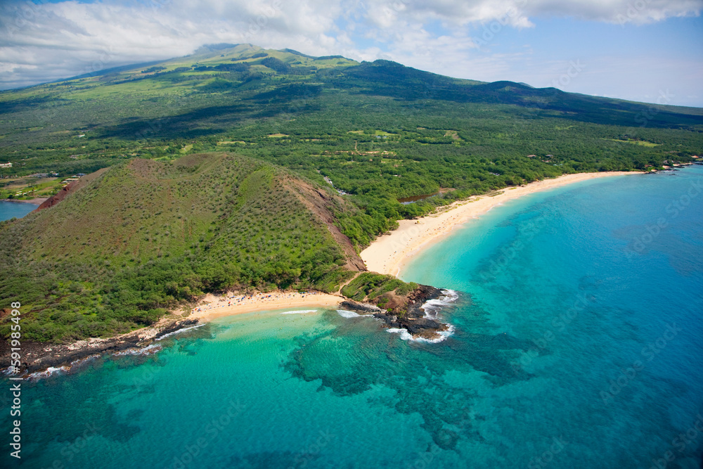 Aerial of two of Maui's famous beaches, Little Beach (nude beach) and ...