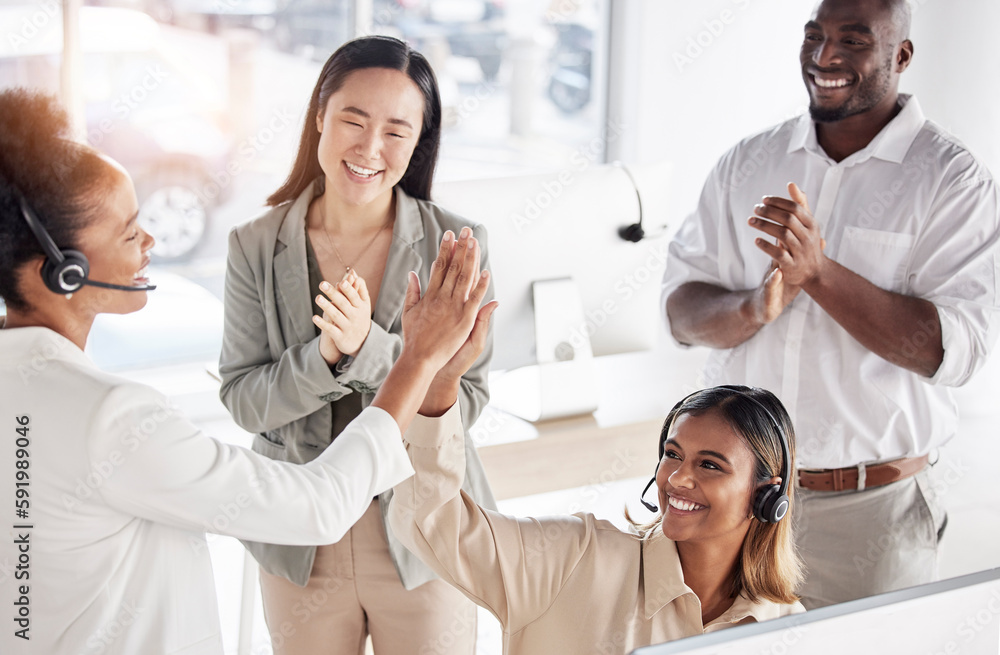 Call center, happy business people and high five of team, success and ...