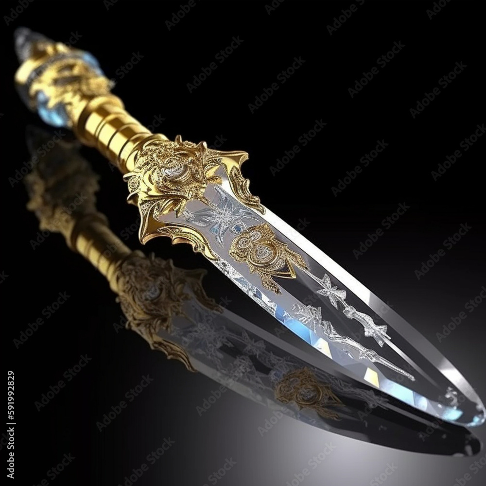 Gem embellished gold decorative Dagger with clear Crystal Glass Blade ...