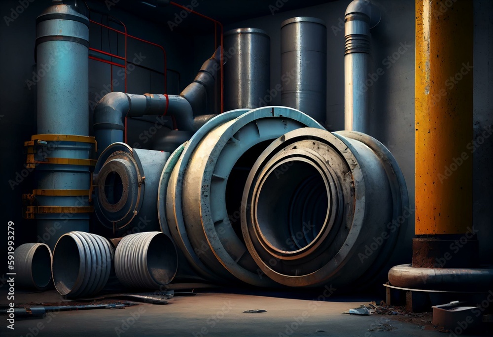 Pipes for cleaning sewer drains. Basement of residential building with ...