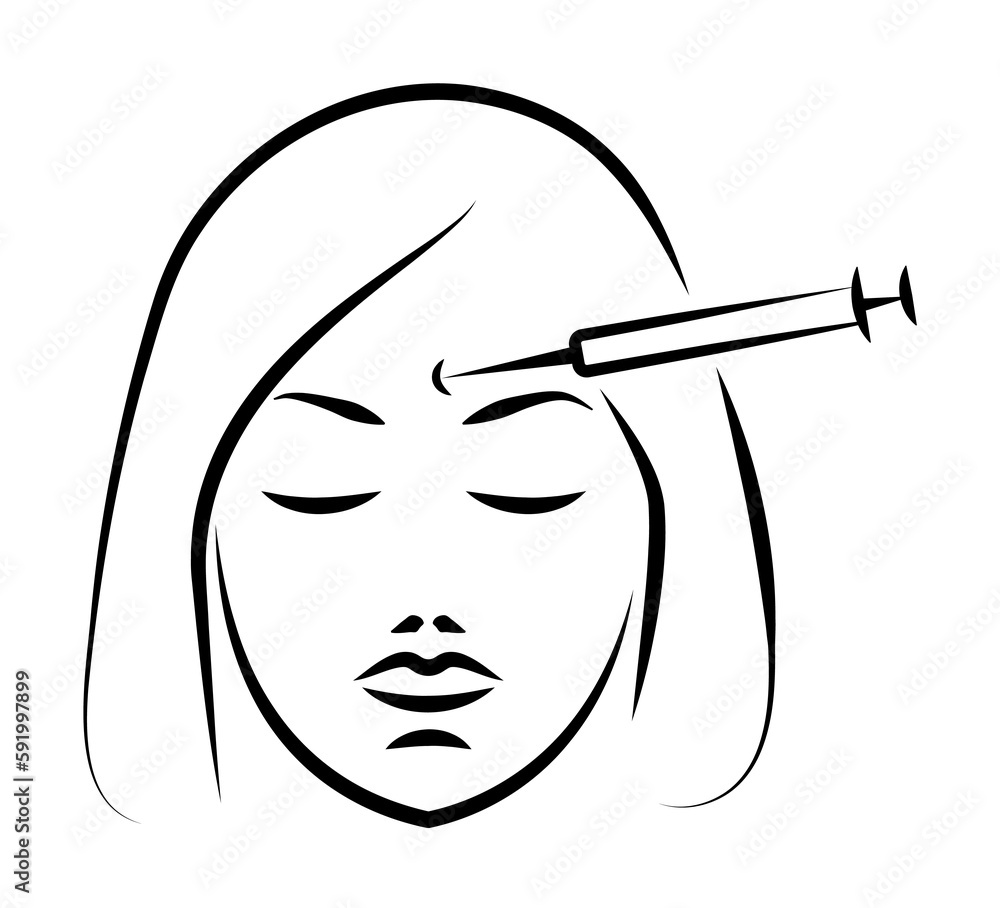 injection, forehead, cosmetology, face hand drawn on white background ...