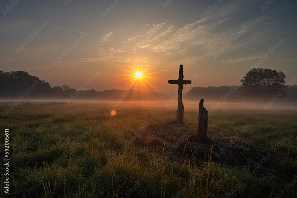 Dawn's Embrace: Radiant Sunrise Illuminating a Revered Wooden Cross ...