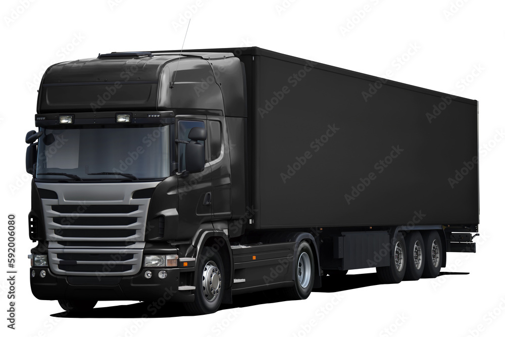 A modern European truck with a cab and semi-trailer in full black ...